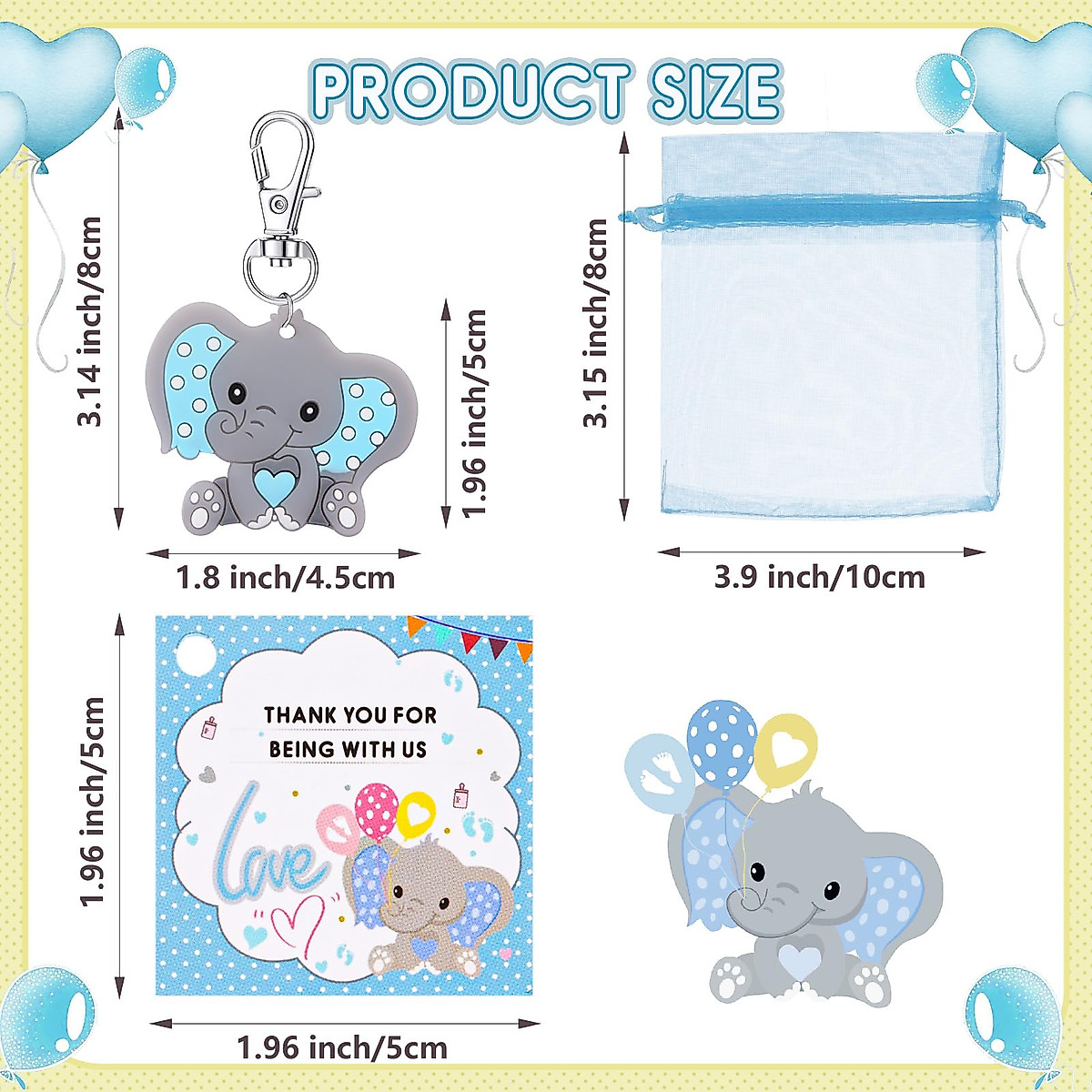 40 Sets Baby Shower Favors for Boys, Guests Gifts Including Elephant Keychains Decorations, Drawstring Bags, Thank You Cards