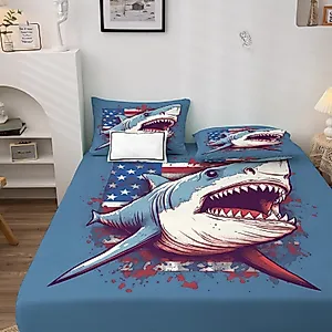 Shark Sheets Full Size, American Flag Bed Sheets, Patterned Bedding Sheets & Pillowcases 4 Piece Set - Soft Microfiber Deep Pocket Fitted Sheet & Flat Sheet & 2 Pillow Cases L8-&-191
