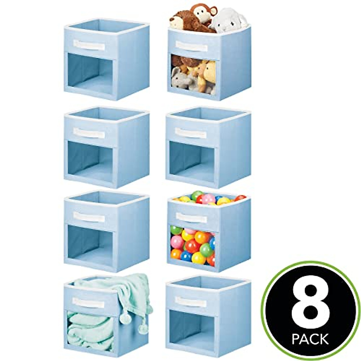 mDesign Fabric Nursery/Playroom Closet Storage Organizer Bin Box, Front Handle/Window for Cube Furniture Shelving Units, Hold Toys, Clothes, Diapers, Bibs, Jane Collection, 8 Pack - Light Blue/White