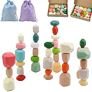LSJDEER 40 PCS Wooden Rocks Balance Stones Building Blocks Set, Colored Wood Balancing Stone Stacking Game, Lightweight Natural Educational Preschool Learning Large Small Puzzle Toy for Kids