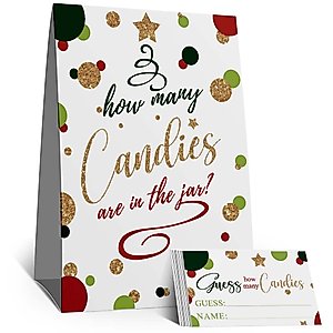 Guess How Many Candies are in the Jar Christmas Kit (1 Standing Sign + 50 Guessing Cards), Christmas Gold Red Green Baby Shower, Bridal Shower Decoration, Christmas Game Insert Ticket