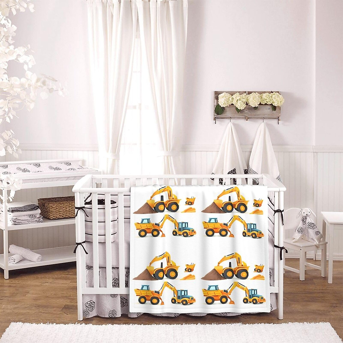 Fleece Baby Blanket Excavator Dump Truck Wheel Loader Digger Bulldozer Crane Smooth and Soft Receiving Blanket Unisex for Stroller, Crib, Newborns, Carseat 30x40
