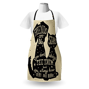 Ambesonne Inspirational Apron, Cat and Dog Silhouettes with Friendship Themed Phrase and Stars Grungy Display, Unisex Kitchen Bib with Adjustable Neck for Cooking Gardening, Adult Size, Black Tan