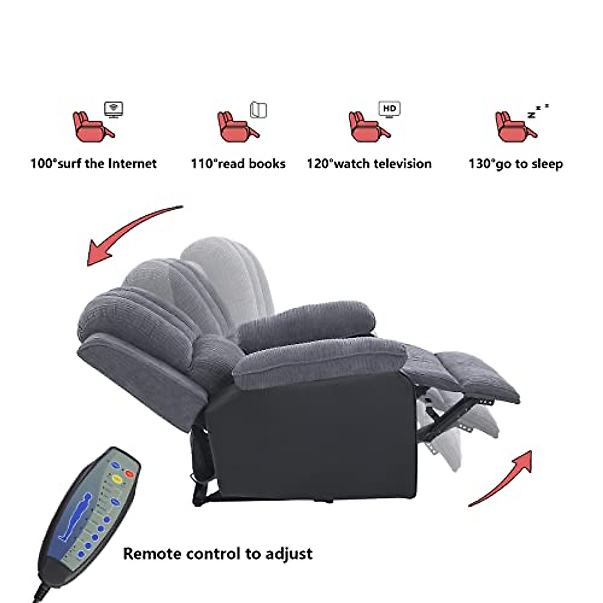 Corduroy + Black pu Ergonomic Electric Flat Sofa with 8-Point Massage and Heating Function, Thickened armrests and backrest Single Sofa Chair for The Elderly, Bedroom, Living Room (Gray)