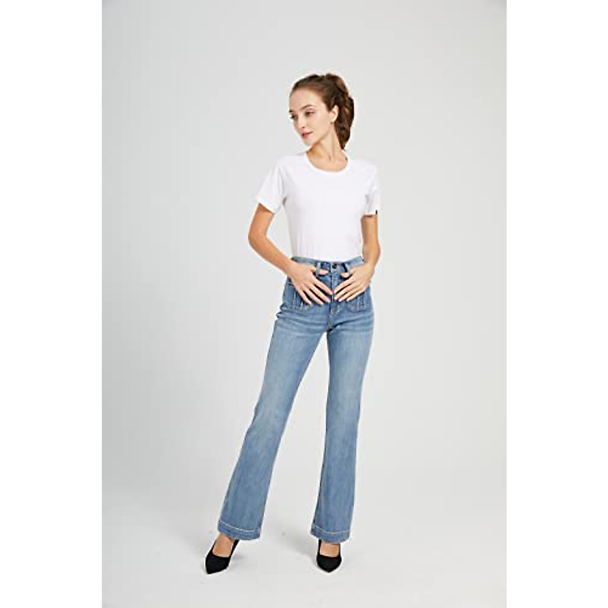 ERSDGG Women's High Rise Straight Bootcut Jeans Flare Leg Stretch Denim Pants Classic Casual Bell Bottom (Medium Indigo, 26, Bootcut)