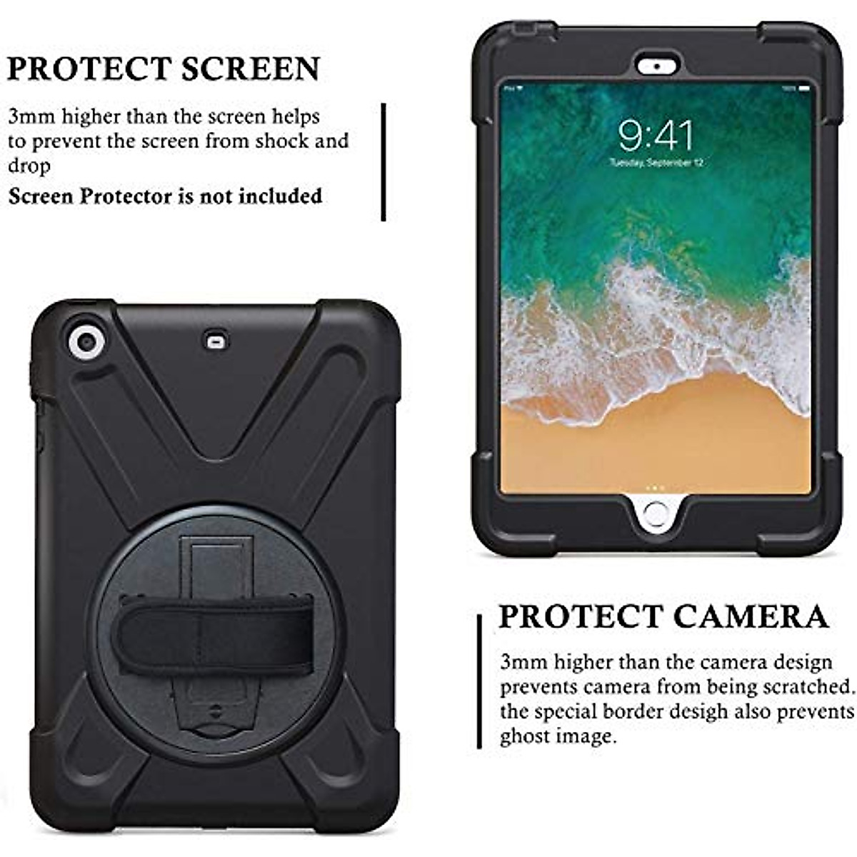 TSQ Case for iPad Mini 1/ Mini 2/ Mini 3 for Kids 7.9 Inch | Rugged Shockproof Case w/Stand Hand Strap Shoulder Strap Case Cover for iPad Mini 1st 2nd 3rd Generation | Black