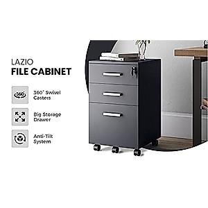 Lazio 26 Inch File Cabinet with Lock - Filing Cabinet for Home and Office - 3 Drawer File Cabinet with Wheels for A4 Sized Letters, Legal Sized Documents, Hanging File Folders - Black/Black