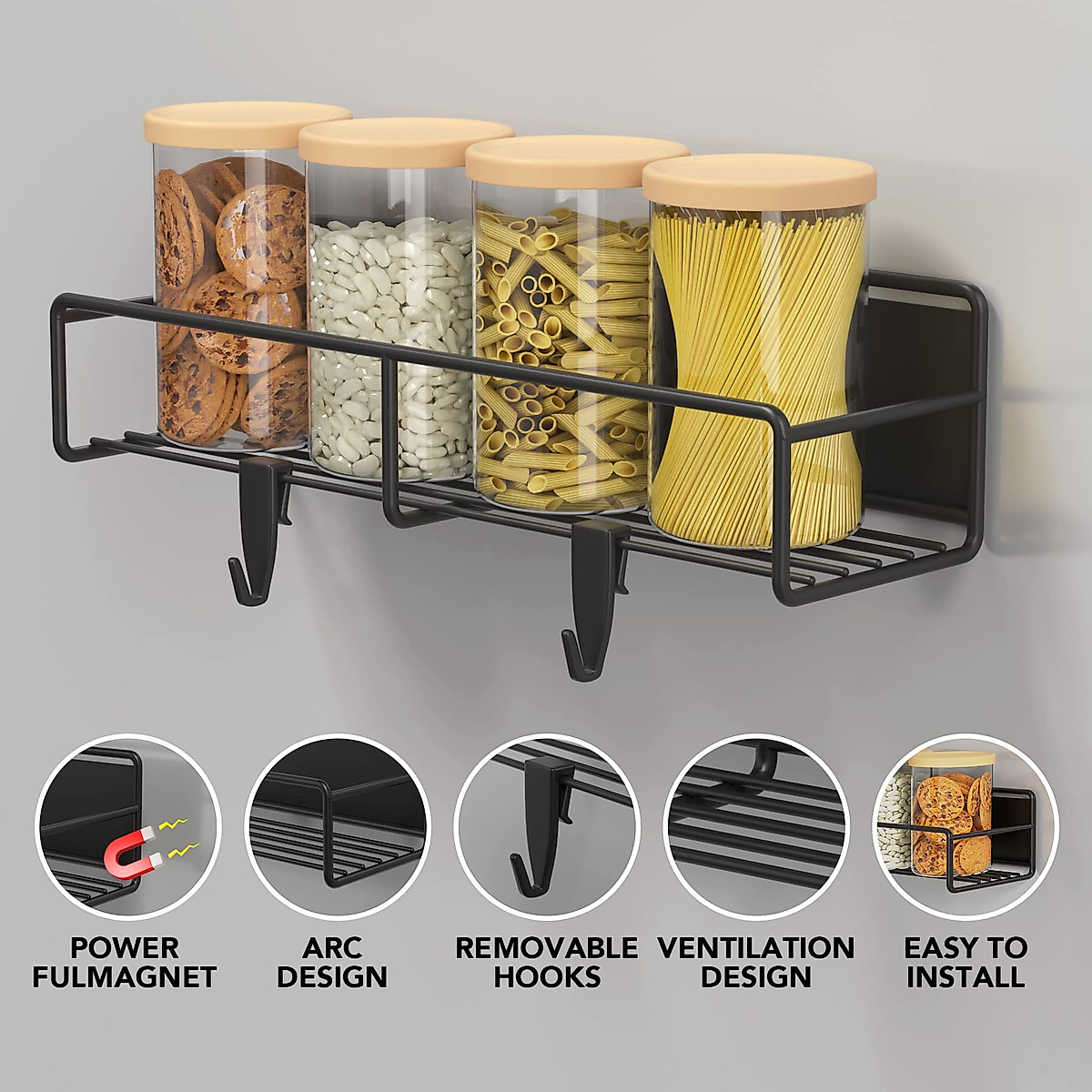 Magnetic Spice Rack Organizer 6 Pack, Magnetic Spice Rack for Refrigerator, Magnetic Shelf for Holding Spices, Jars, Seaoning and Bottle, Metal&Black