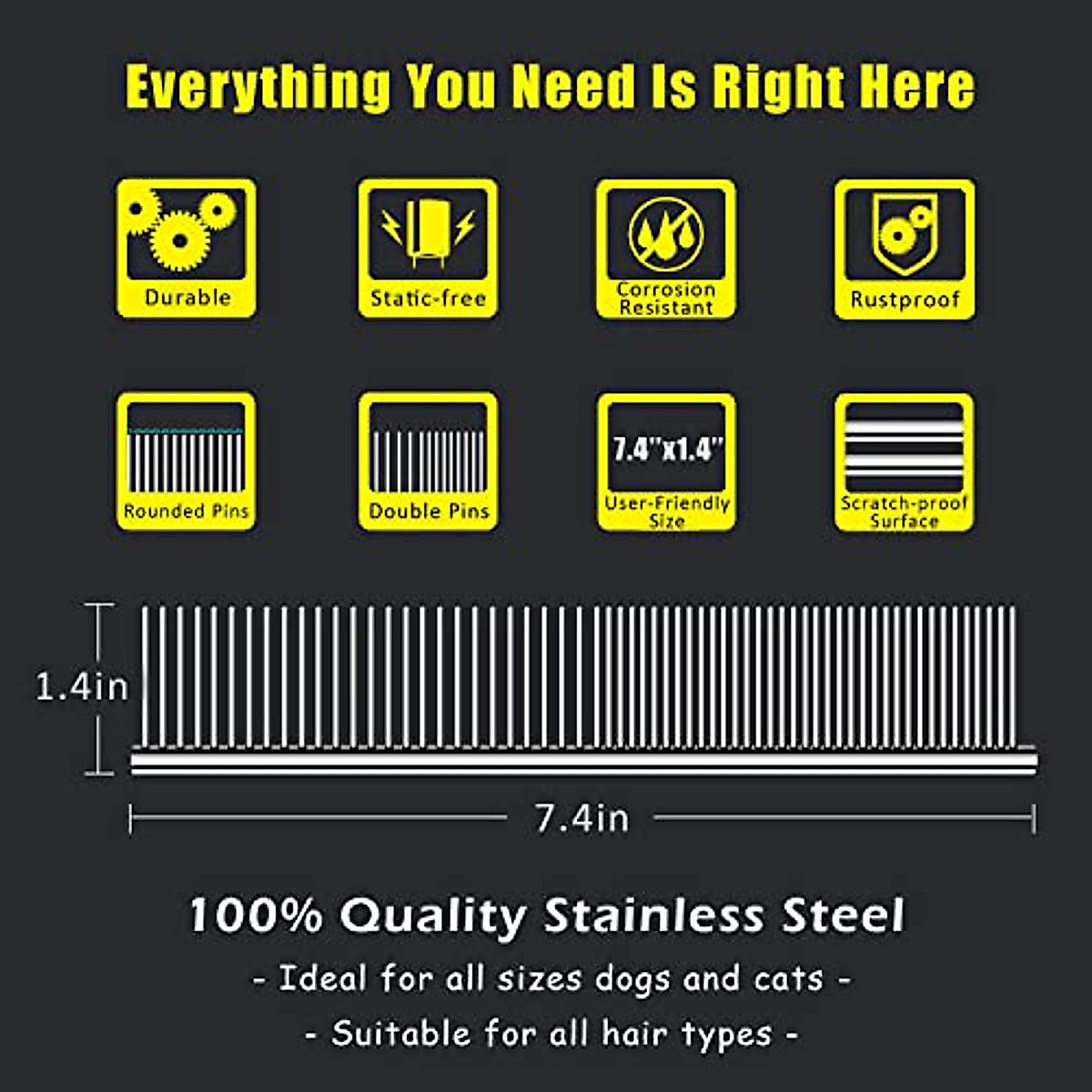 Kopal Dog Comb 2 Pack Pet Steel Comb Dogs and Cats, Stainless Steel Comb Rounded Teeth, Static-free Metal Comb Corrosion Resistant Cat Comb Pet Dematting Tool Flea Comb Pet Grooming Tool - 7.4in