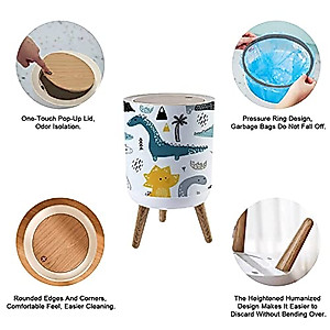 Nordic Style Trash Can - Childish seamless with hand drawn dino in scandinavian style Creative Push Top Trash Can with Lid - Scandinavian Modern Garbage Can - Round Trash Bin w/ Legs for Kitchen/Bathroom/Dog proof, 1.8 Gallon - 7L