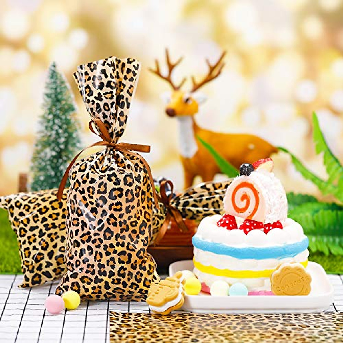 100 Pieces Leopard Print Treat Bags Leopard Candy Bags Easy to Seal Animal Print Cellophane Cookie Bags with 1 Roll Brown Fabric Ribbon for Zoo or Jungle Party Supplies