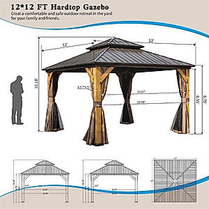DHPM 12' x 12' Gazebo Polycarbonate Double Roof Canopy Outdoor Aluminum Frame Pergola, Permanent Pavilion with Netting and Curtains for Garden Patio Lawns Parties