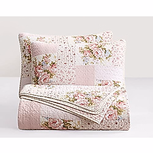 Chezmoi Collection Rosy 3-Piece Printed Patchwork Cotton Quilt Set - Pink Flower Floral Striped Polka Dots - Stone Washed Lightweight Bedspread, Queen Size