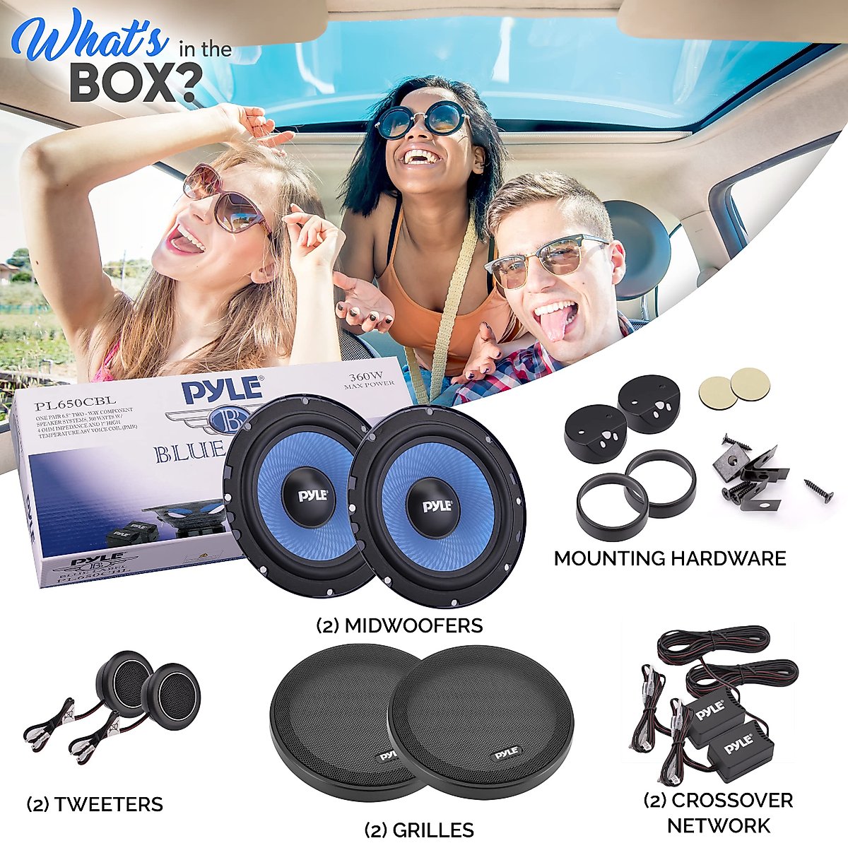 Pyle Two-Way Component Speaker System - One Pair 6.5" Two-Way Component Kit, Non-Fatiguing Butyl Rubber Surround, 360 Watts w/ 4 Ohm Impedance and 1" High-Temperature ASV Voice Coil - PL650CBL