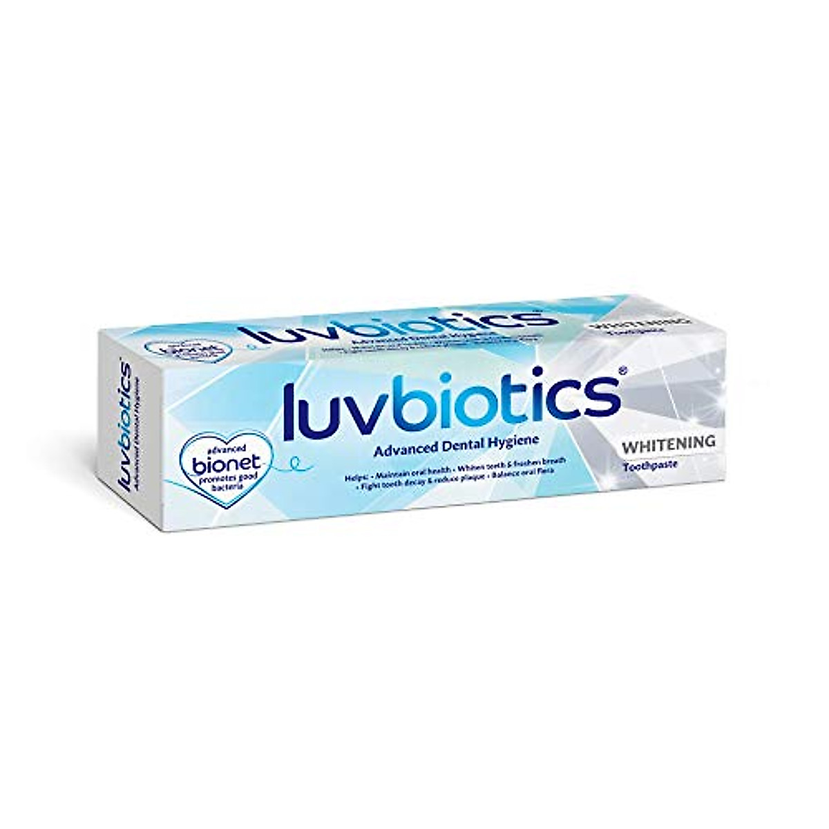 Luvbiotics Whitening Toothpaste with Probiotics & Xylitol promotes good bacteria for whiter teeth, fresh breath & healthy gums.Free from SLS, Parabens, Artificial Colours/Flavours/Sweeteners 75ml Tube