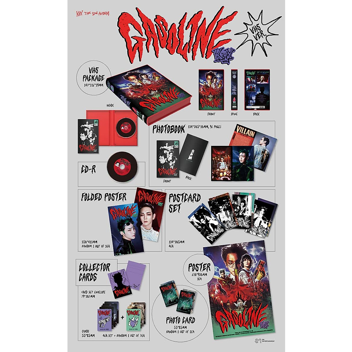 Dreamus SHINEE KEY Gasoline 2nd Album VHS Version CD+Folding Poster On Pack+Booklet+Postcard+Collector Card SET+Photocard+Tracking, BLUE