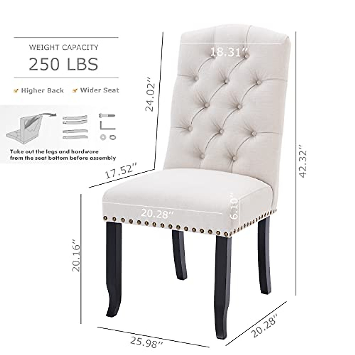 COLAMY Button Tufted Dining Chairs Set of 2, Upholstered Parsons Dining Room Chairs, Fabric Kitchen Side Chair with Nailhead Trim and Wood Legs,Beige