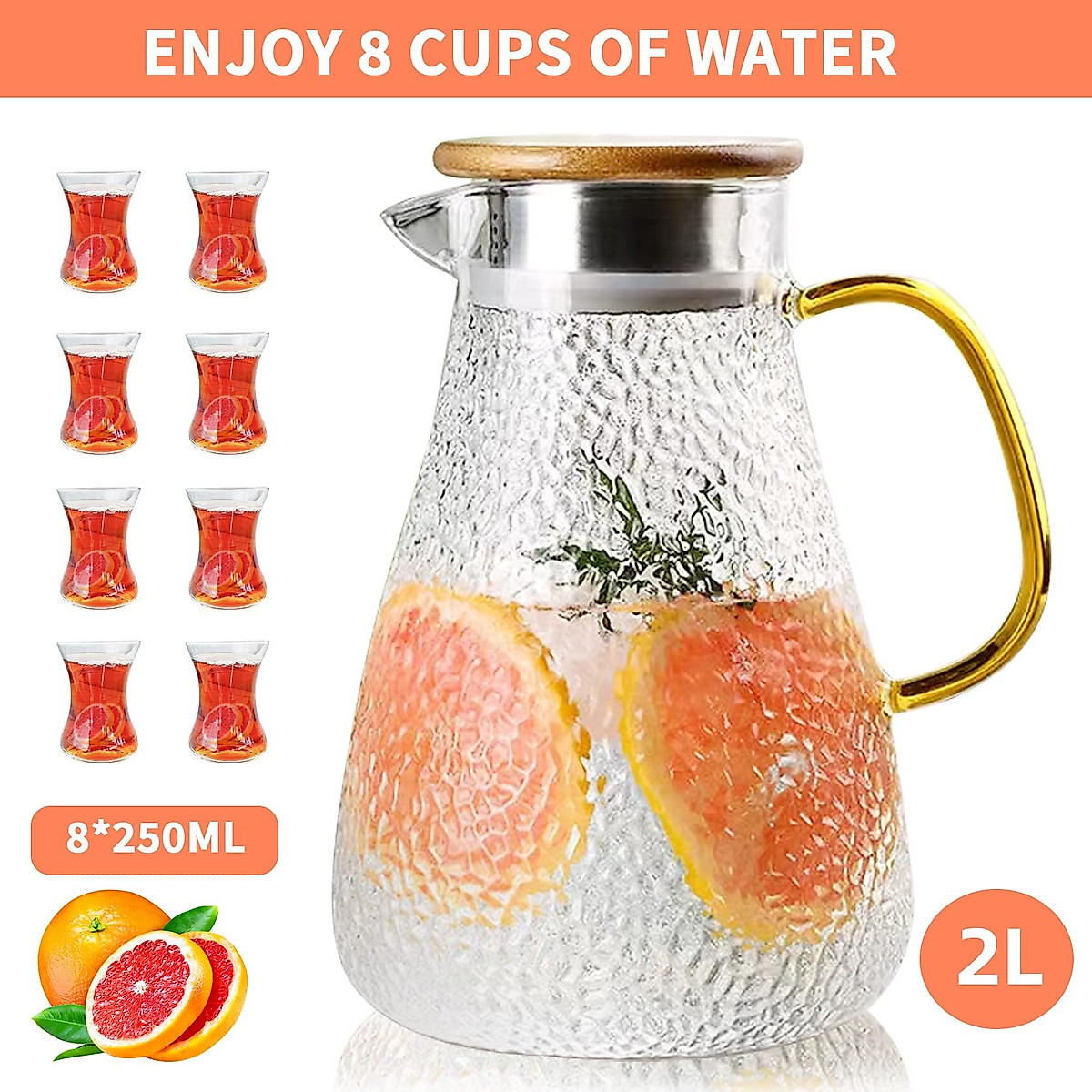 Glass Pitcher with Lid with 2 Cups, Durable 0.52 Gal Glass Pitcher with Handle with 2 Glass Cups, Water Carafe with Cups Teapot Set Gift for Hot/Cold Beverage, Juice or Tea