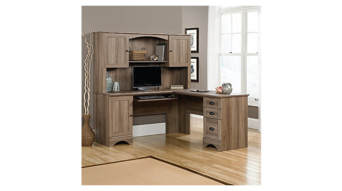 Sauder Harbor View Corner Computer Desk in Salt Oak | Stylish & Spacious