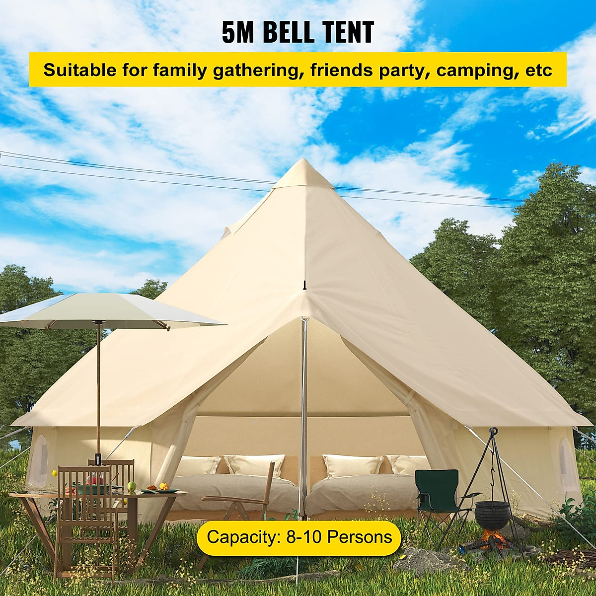 Happybuy Canvas Bell Tent, Waterproof & Breathable 100% Cotton Retro and Luxury Yurt with Stove Jack, 16.4ft / 5m Diameter, Large Canopy Used in 4 Seasons, for Family Camping, Outdoor Glamping, Party