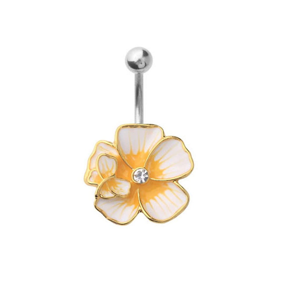 5 - Assorted Set 14 Gauge 3/8 Inch 316L Surgical Steel Barbell Belly Button Navel Rings Dangles Butterfly Hibiscus CZ Flower B630 Color Yellow Purple Blue Pink Green