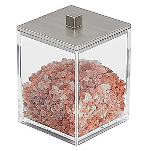 mDesign Modern Square Bathroom Vanity Countertop Storage Organizer Canister Jar for Cotton Swabs, Rounds, Balls, Makeup Sponges, Bath Salts - Clear/Brushed/Chrome