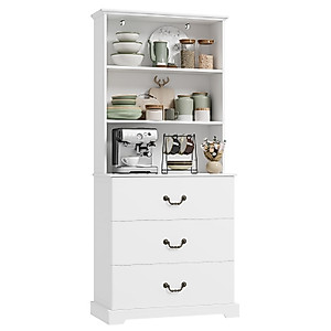 HIFIT 71" Tall Storage Cabinet, Tall Bookshelves and Bookcases with 3 Large Drawers & 3 Deep Shelves, Kitchen Pantry Cabinet with Hutch, Modern Storage Cabinet for Home Office, Living Room, White