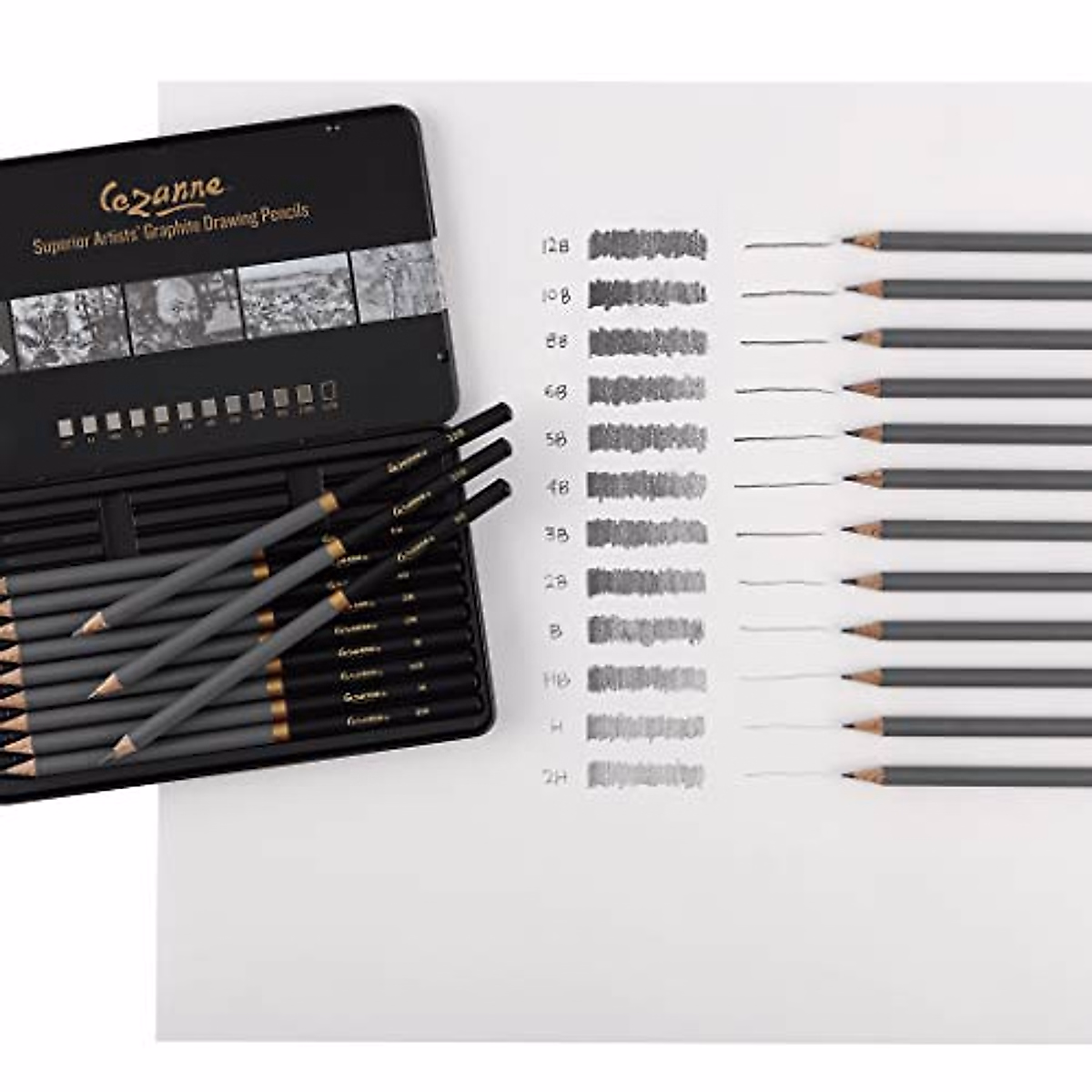 Cezanne Graphite Artist Drawing Pencil Set of 12 Professional Quality for Sketching & Shading, Break Resistant Pre-sharpened Leads, Triple Coated Matte Finished Wood-cased Barrel, Travel Storage Tin