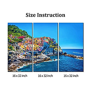 3 Pieces Modern Canvas Painting Wall Art The Picture for Home Decoration Cityscape Traditional Port Mediterranean Sea Cinque Terre Italy Coast Landscape Print On Canvas Giclee Artwork for Wall Decor