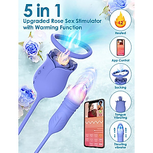 Rose Sex Toy Vibrator Dildo for Women - OHTop APP Remote Rose Adult Toys with 8 Thrusting 10 Tongue Vibrating Stimulator for Womens Couples - 5in1 Heated Sex Toys for Clit, G Spot and Nipples Pleasure