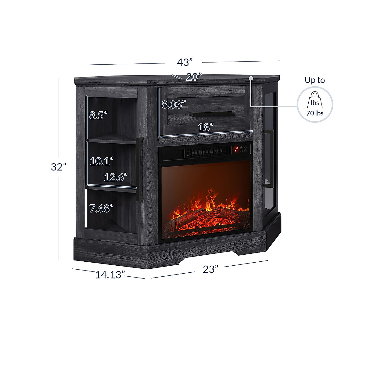 BELLEZE 43" Corner TV Stand with 18" Electric Fireplace Heater for TVs up to 43", Modern Corner Wood Entertainment Center with Glass Door Storage Cabinets - Dale (Rustic Grey)