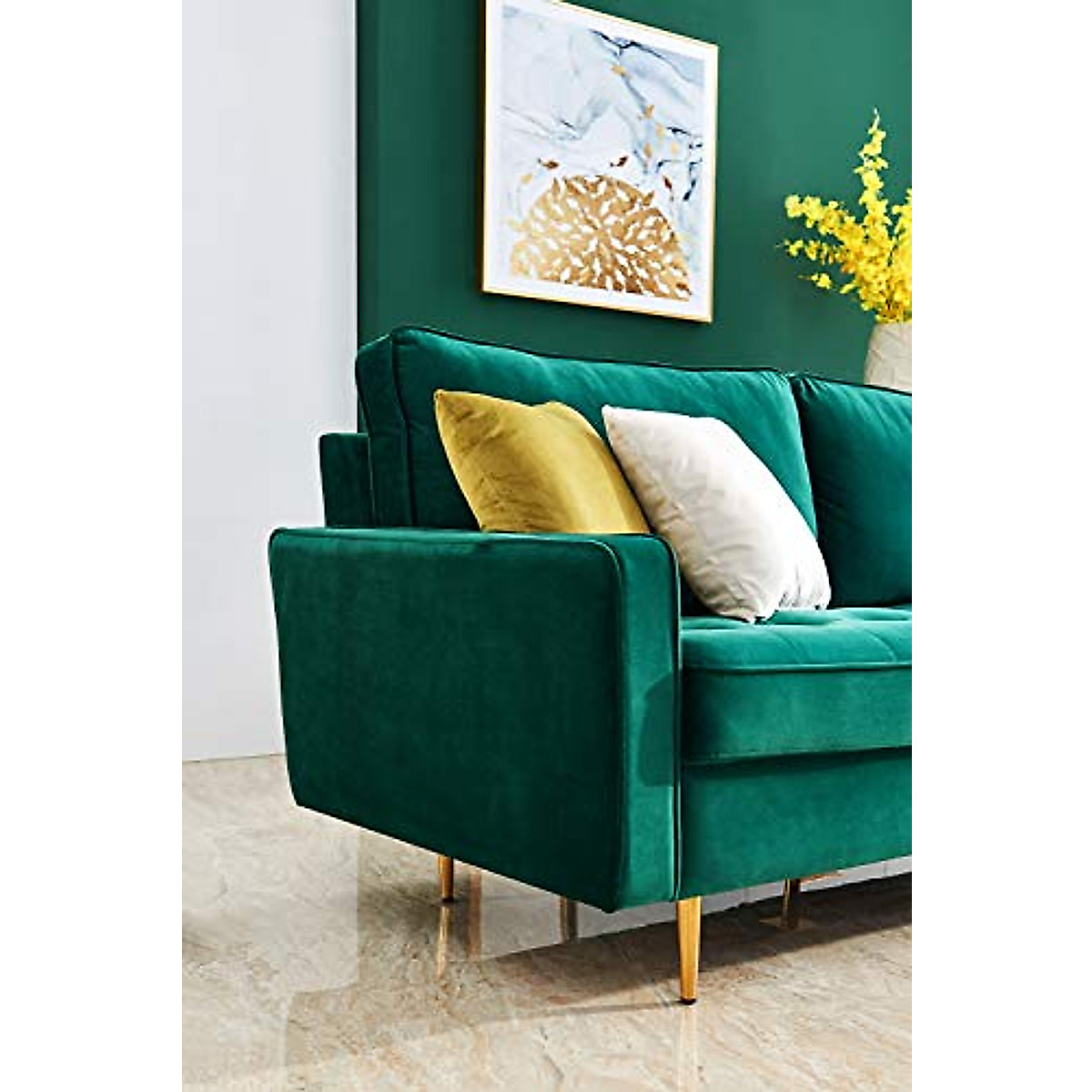 JULYFOX Emerald Green Velvet Fabric Sofa Couch, 70 inch Wide Mid Century Modern Living Room Couch 700lb Heavy Duty with 2 Throw Pillows