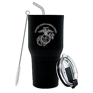Military Gift Shop 30 oz USMC Coffee Travel Mug | Double Wall Vacuum Insulated Coffee Tumbler | Stainless Steel Coffee Mug With Lid & Straw
