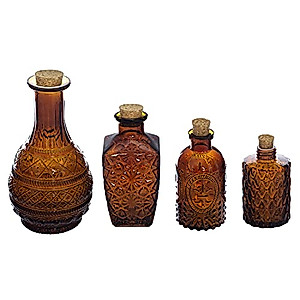 MyGift Vintage Embossed Amber Glass Decorative Reed Diffusers with Cork Lids, Small Apothecary Style Flower Bud Vases, Set of 4