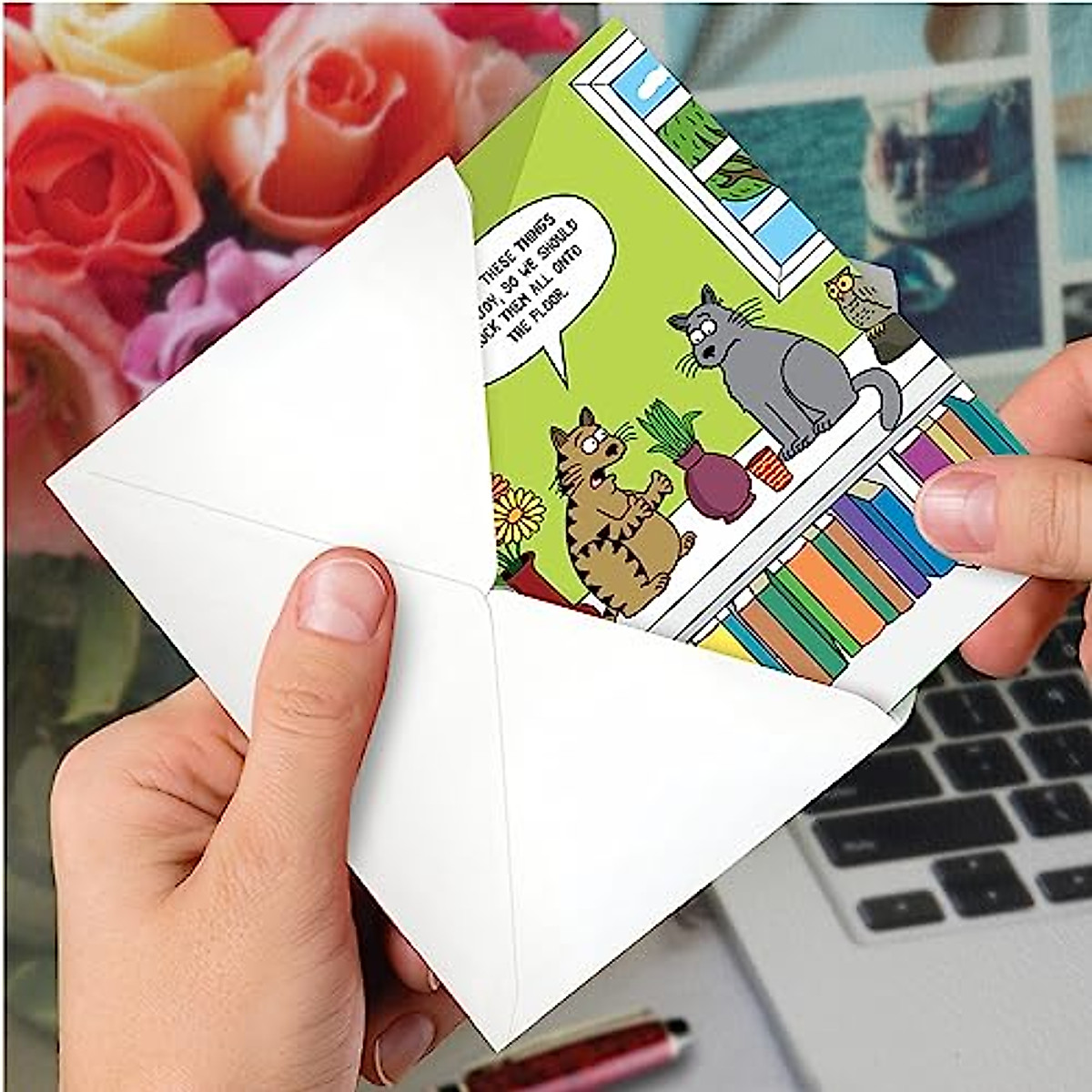 NobleWorks - 1 Funny Animal Card for Birthdays - Pet Cat and Dog Humor, Birthday Notecard with Envelope - Cat Spark Joy C7297BDG