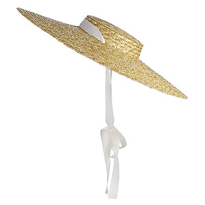 Jelord Women Vintage Boater Straw Hat Wide Brim Flat Top Floppy Derby Straw Hat Beach Sun Hats with Chin Strap Brim:18cm White