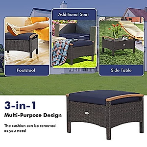 Tangkula 2 Piece Patio Rattan Ottomans, Outdoor Wicker Footstool w/Acacia Wood Handles, Soft Zippered Cushions, 3-in-1 Function Footstool Seat & Side Table for Backyard, Balcony, Poolside (Navy)