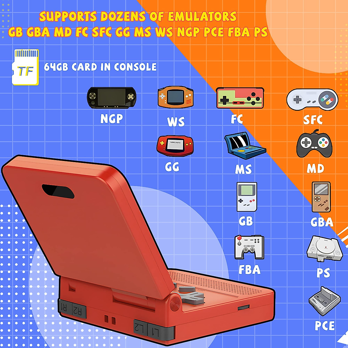Retro Handheld Game Console 3 inch IPS Screen, Mini Clamshell Open Source System Games Consoles with 64G TF-Retro Games, Built-in Rechargeable Battery, Portable Hand Held Game Video Consoles (Red)