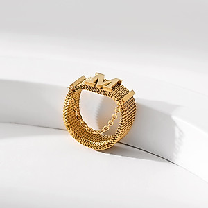 Yumikoo Golden Hip Hop Chain Rings Titanium Stainless Steel Rings for Women Size8