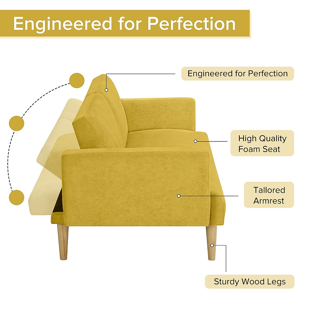 Tilly Lin Multi-Functional Futon Sofa Bed :Tapered Wood Legs - Ideal for Small Living Rooms - Multi-Color Fabric Options - Easily Converts to Single Bed, Yellow