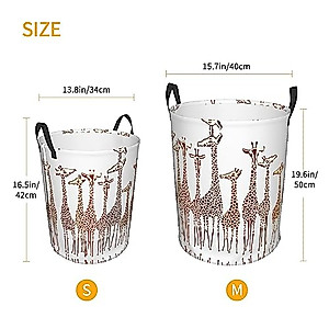 Cute Wild Cartoon Giraffes Printed Round Laundry Hamper,Collapsible Clothes Hamper Storage With Handle,Canvas Fabric Waterproof Storage Bin