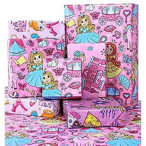 U'COVER Princess Birthday Wrapping Paper for Girls Kids Baby Shower Women Pink Gift Wrapping Paper Castle Theme for Holiday Wedding Graduation Gift Wrap Paper 10Folded Sheet