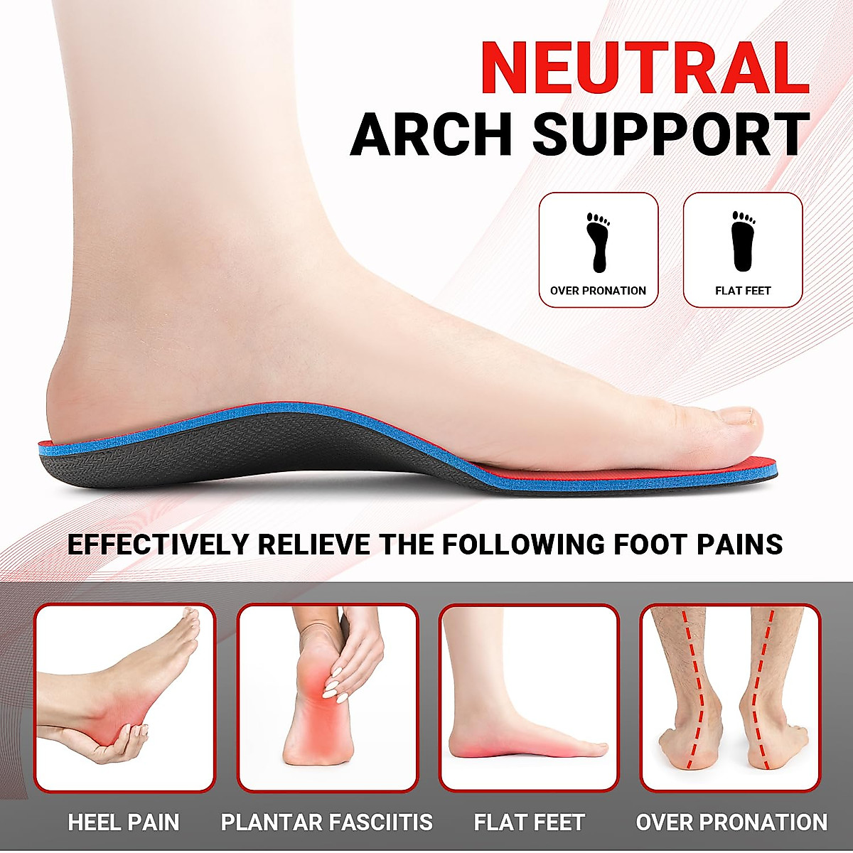 PCSsole Orthotic Arch Support Shoe Inserts Insoles for Flat Feet,Feet Pain,Plantar Fasciitis,Insoles for Men and Women Red