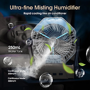 Ausic Portable Misting fan, 10000mAh USB Rechargeable Battery Powered Fan with Mister, 8-Inch Cooling Mist Fan with 250mL Water Tank & LED Lantern, for Home Desk, Camping, Outdoor&Indoor Use