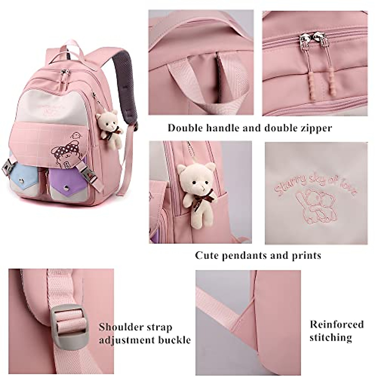Girls Plaid Aesthetics Backpack Teens Lightweight Casual Bookbag Kawaii Travel Bag with Cute Accessories Schoolbag