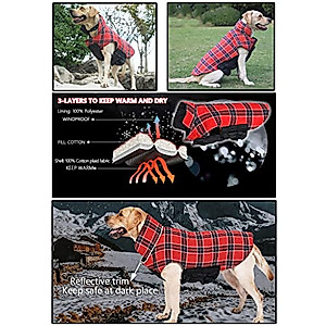 Sychien Dog Plaid Winter Reflective Large Coat,Windproof Waterproof Cold Weather Thunder Anxiety Calming Jacket,Coats for Boy Girl Puppy Dogs,Christmas Red XL