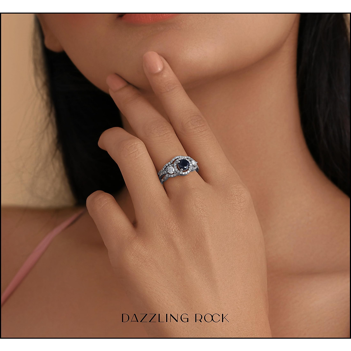 Dazzlingrock Collection Round Blue Sapphire & White Diamond 3 Stone Halo Wedding Ring Set for Women in 14K White Gold, Size 6.5