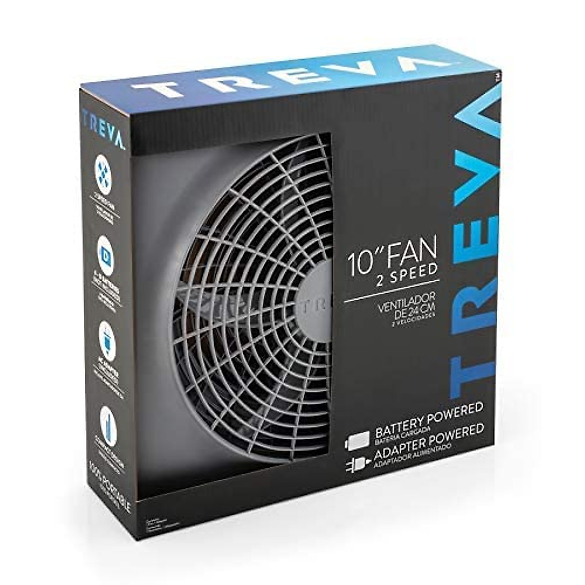 Treva 10-Inch Portable Desktop Air Circulation Battery Fan, 2 Speed, Compact Folding & Tilt Design, with AC Adapter (Graphite)