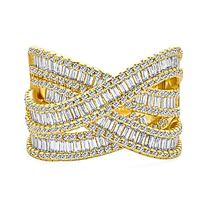 Bling Jewelry Personalize Pave AAA CZ Crossover Criss Cross Costume Faux Stacking Wide Statement Cocktail 4 Row Baguette Multi Band Ring for Women 14KGold Plated Customizable