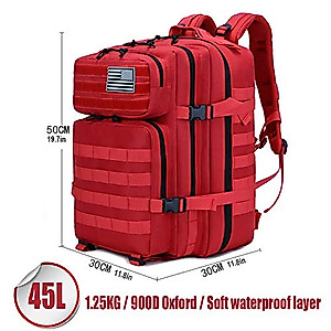 LHI Military Tactical Backpack for Men and Women 45L Army 3 Days Assault Pack Bag Large Rucksack with Molle System - Red
